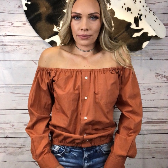 Tops | Desert Orange Off The Shoulder Button Up Top | Poshmark